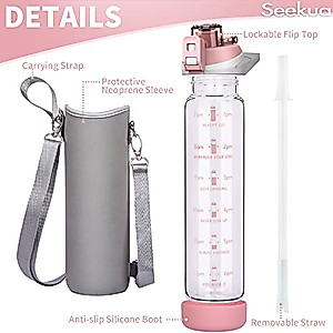 Seekua 32 oz Sports Glass Water Bottle with Straw and Time Marker, Large Resuable Motivational Glass Drinking Bottle for Infused Water, Fruit, Smoothie, Coffee