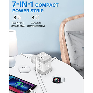 Power Strip with 4 Outlets 3 USB Ports, BEVA Cube Extension Cord Flat Plug Small Desktop Charging Station with 5ft Power Cable Multi Protection for Travel, Cruise Ship, Office, Dorm Room Grey