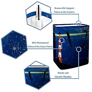 Lighthouse and Stars Blue Laundry Basket Large Cloth Organizer Bag Basket Foldable Laundry Hamper with Handles