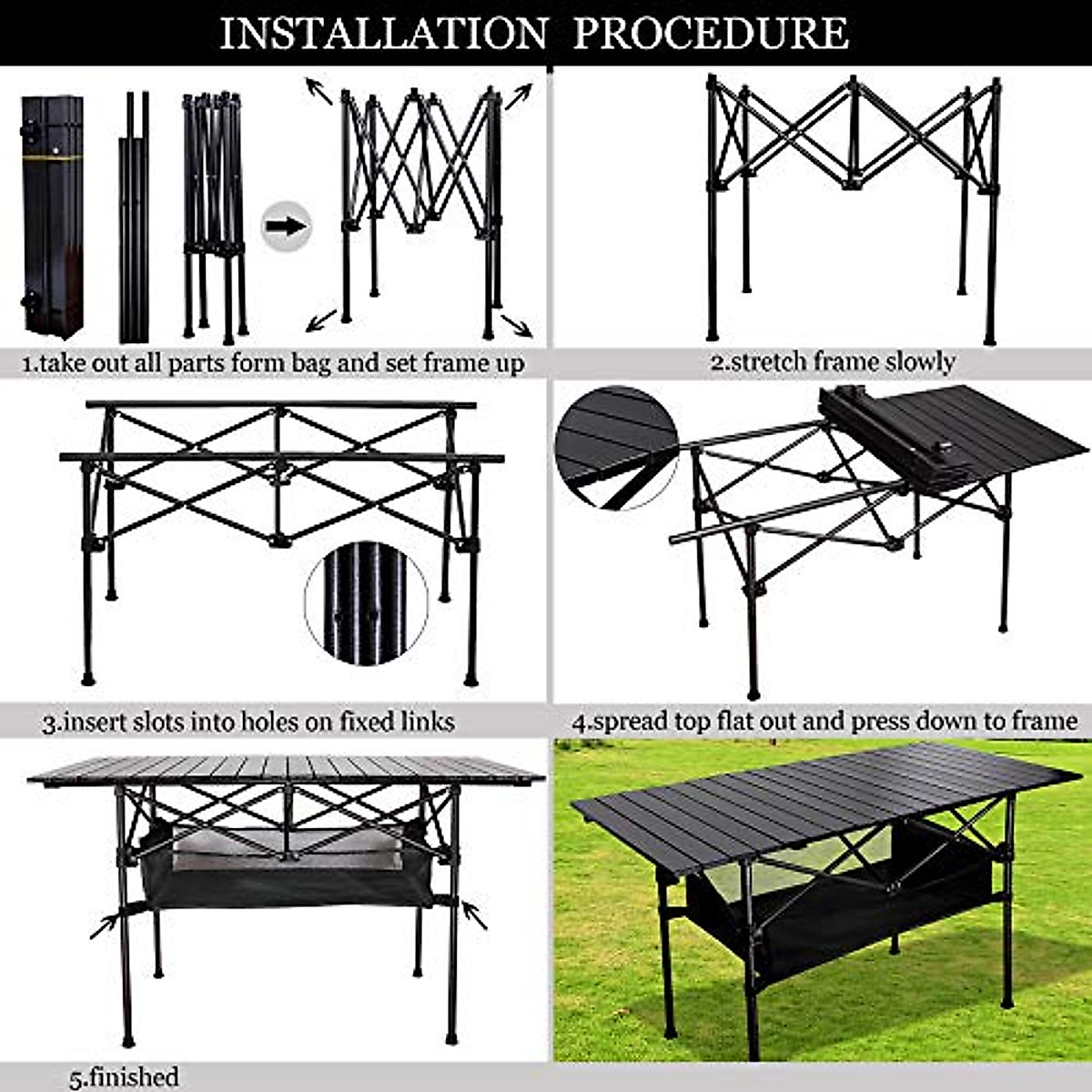 TOP Aluminum Camping Table,Easy Carry Picnic Folding Table with Storage Bag Heavy Duty RV BBQ Cooking Indoor Outdoor (Black XL)