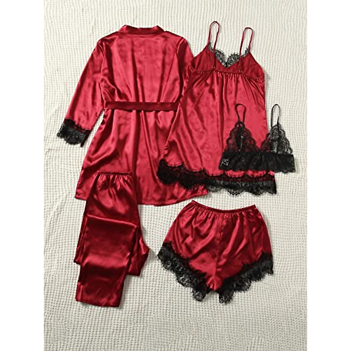 WDIRARA Women's 5 Pieces Satin Sleepwear Lace Trim Pajama Sets with Belted Robe Multicolored L