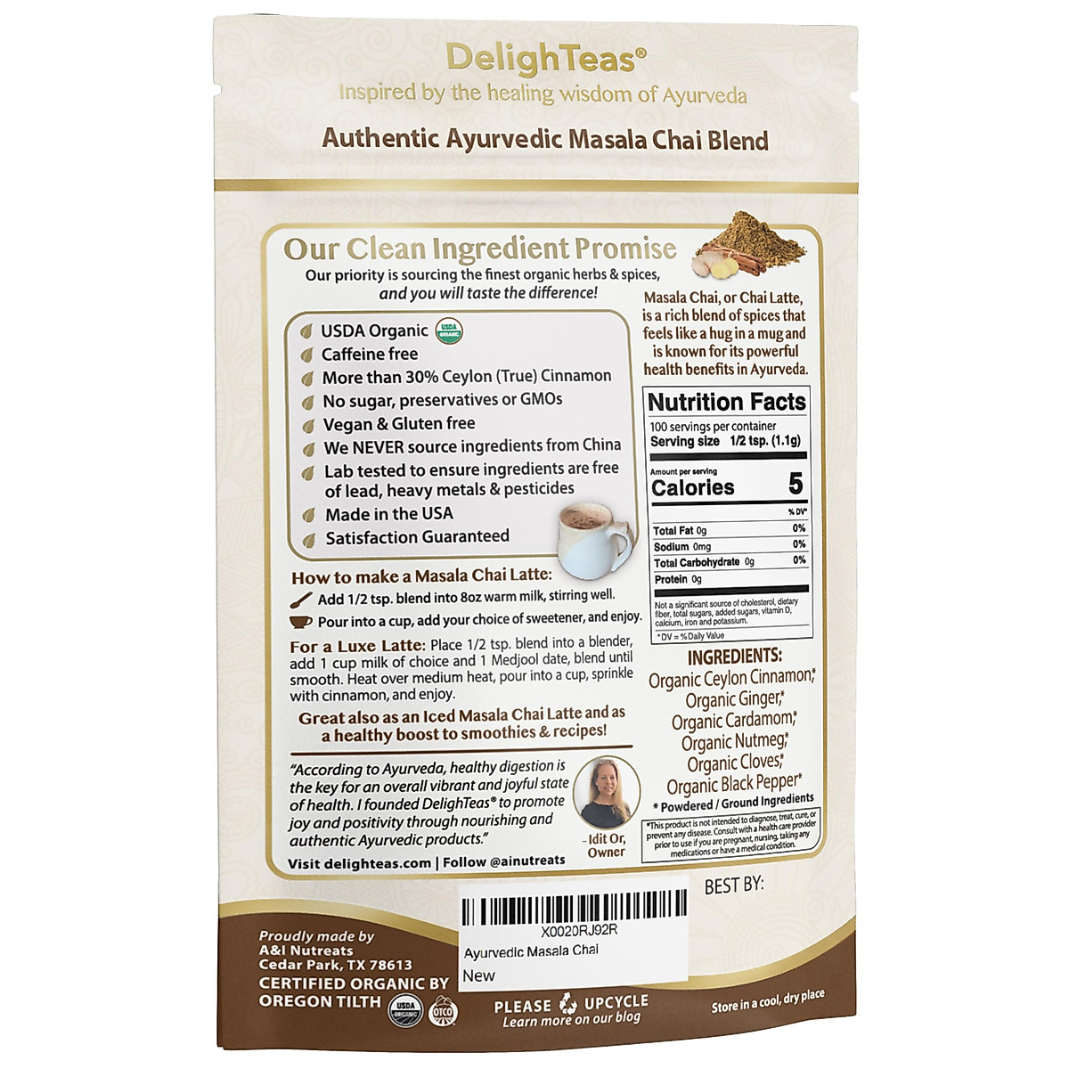 DelighTeas Organic Masala Chai Powder and Herbal Coffee Bundle - Caffeine Free, Unsweetened, Vegan, Keto, USDA Organic