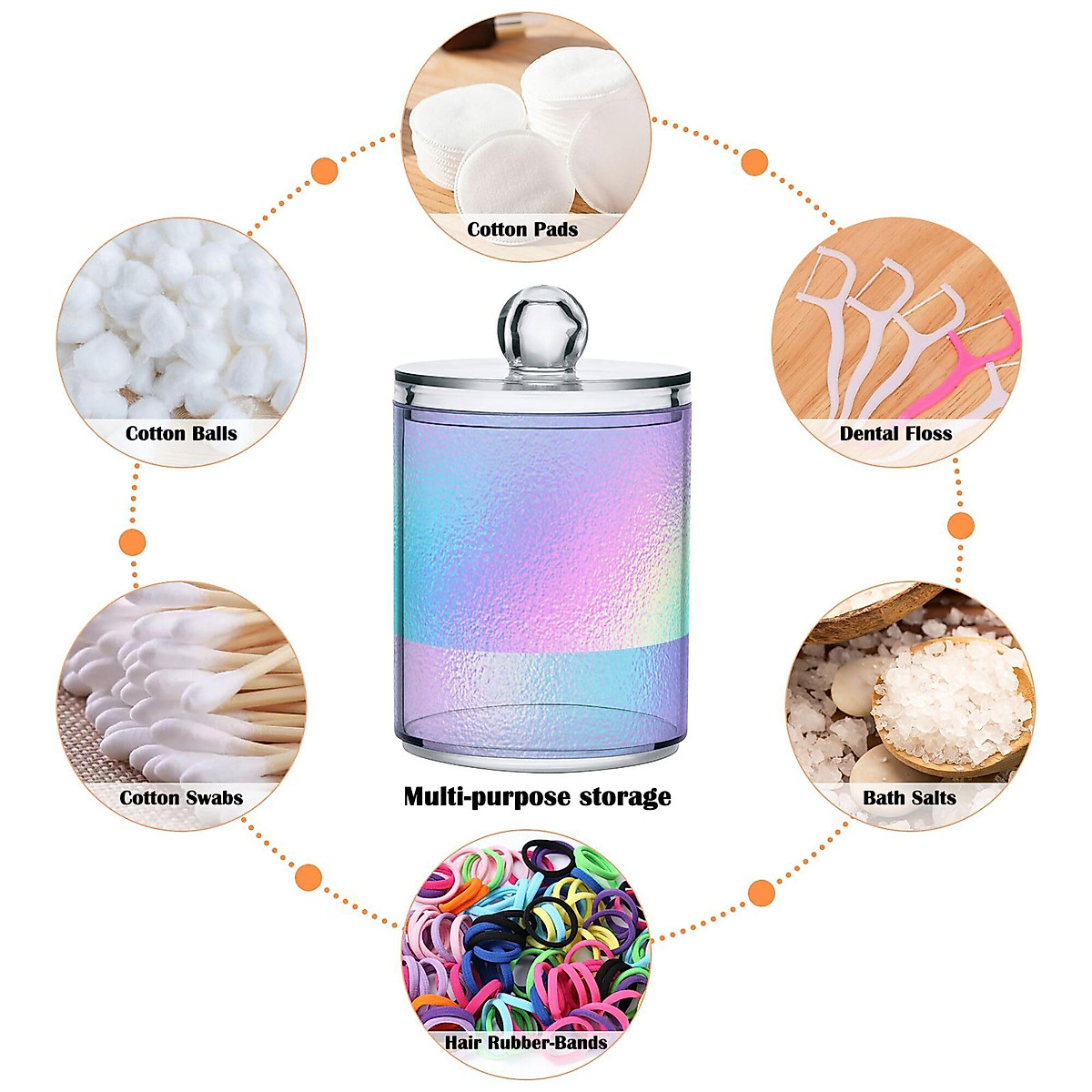 2 PACK Hologram Iridescent Foil Effect Qtip Holder Dispenser for Cotton Ball, Cotton Swab, Cotton Round Pads, Floss Picks - Plastic Apothecary Jar Set for Bathroom Canister Storage Organization