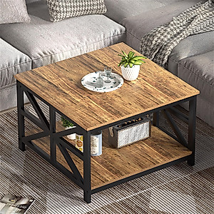 GreenForest Coffee Table with Storage, 27.6 inch Square Coffee Table, Seamless One-Piece Tabletop Design, Small Coffee Tables for Living Room, Farmhouse Sofa Table, Rustic Center Table, Walnut