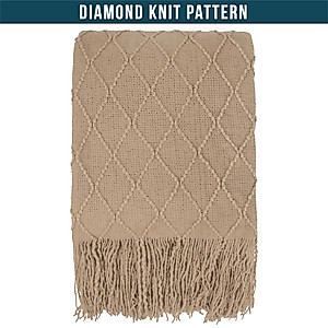 PAVILIA Tan Taupe Knit Throw Blanket Couch, Soft Knitted Boho Farmhouse Home Decor Woven Throw, Cozy Decorative Afghan Bed Sofa, Outdoor Summer Fall Gift Lightweight, Neutral Beige Camel Brown, 50x60