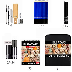 ELEAZAR35 Drawing Pencil Set in a portable zippered case (with 50-page A5 sketchbook) Includes sketching pencils and accessories for children, adults, beginners and professionals