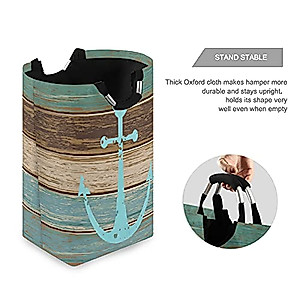 Nautical Anchor Large Laundry Hamper, Wooden Texture Laundry Baskets with Handle, Oxford Storage Basket, Portable Folding Clothes Hamper for Nursery, College Dorm, Bedroon, Bathroom