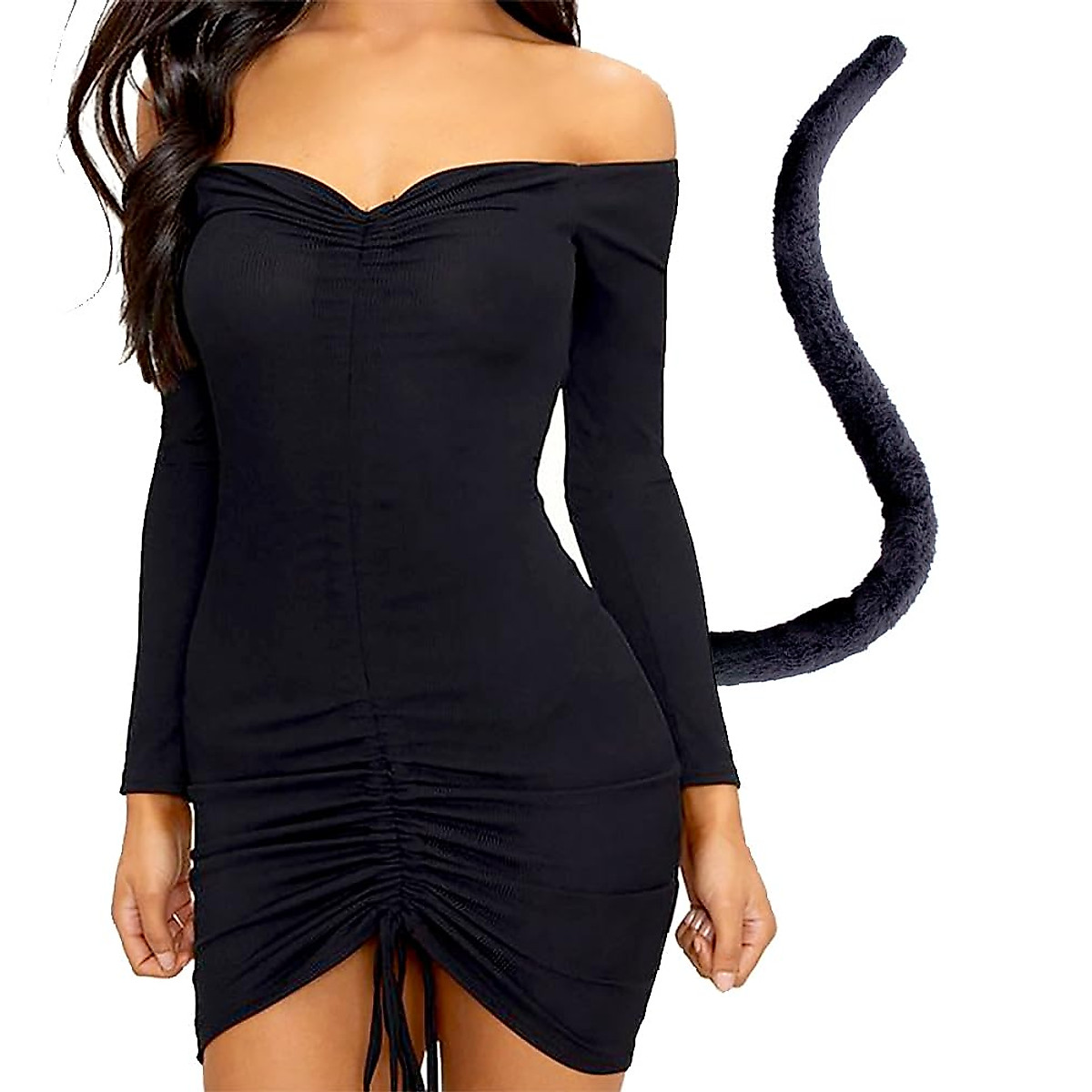 Black Cat Costume for Women, Halloween Masquerade Mask, Lace Ears, Gloves, Tail, Choker Necklace