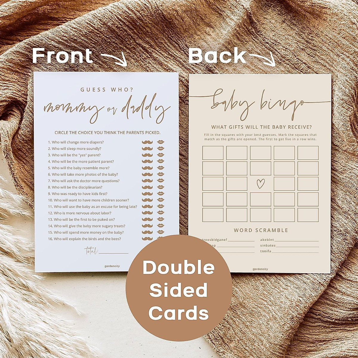 Baby Shower Games - Set of 6 Boho Baby Shower Games for 25 Guests, Boy or Girl, Double-Sided Cards, Gender Neutral