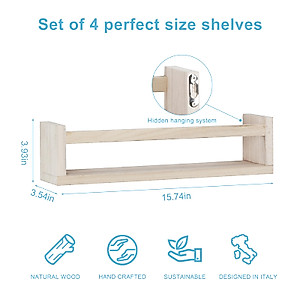 NANANARDOSO Nursery Room Shelves Wall Mounted, Set of 4 Natural Wood Floating Book Shelves for Kids Bedroom, Baby Nursery Décor, Kid Bookshelf Organizer for Bathroom Decor, Floating Bookshelf, Nature