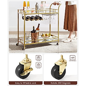 VASAGLE Bar Cart Gold, Home Bar Serving Cart, Wine Cart with 2 Mirrored Shelves, Wine Holders, Glass Holders, for Kitchen, Dining Room, Gold ULRC090A03