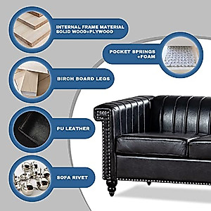 KUVENQIW Black Couches for Living Room Faux Leather Sofa Classic Large 3 Seater Couch Mid Century Modern Couch Deep Stripe Tufted Sofa for Bedroom, Office, Apartment.(Black)