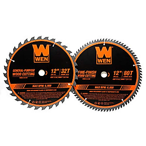 WEN BL1232-2 12-Inch 32-Tooth and 80-Tooth Carbide-Tipped Professional Woodworking Saw Blade Set, Two Pack