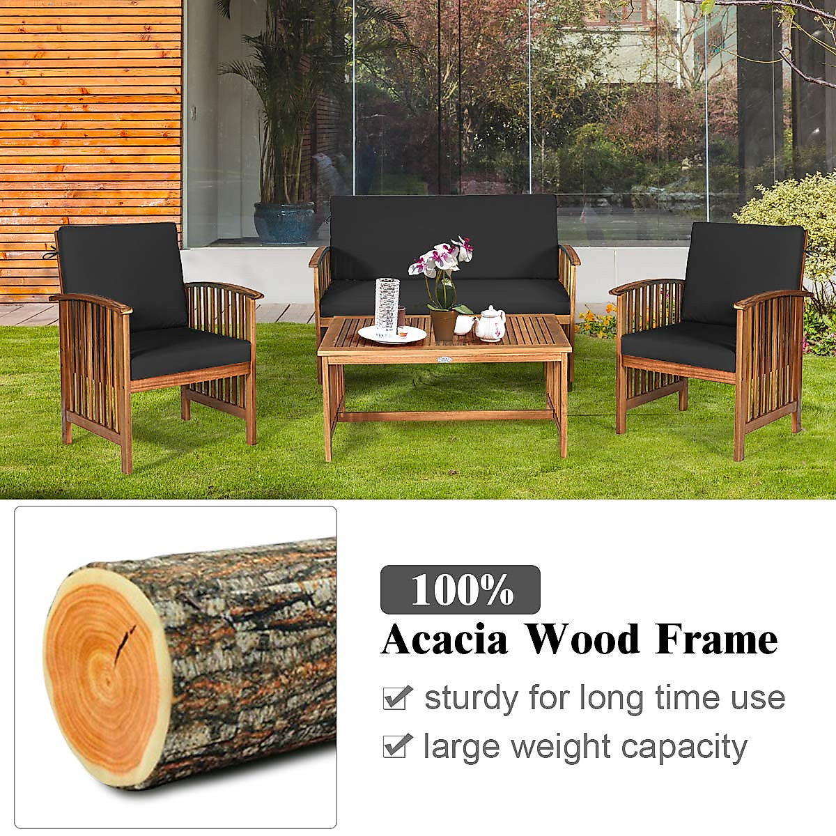 Tangkula Outdoor 4 PCS Acacia Wood Sofa Set w/Water Resistant Cushions, Padded Patio Seating Chat Set w/Coffee Table for Garden, Backyard, Poolside (1, Black)