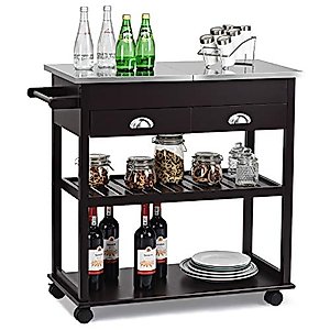Giantex Kitchen Trolley Cart Rolling Island Cart w/Stainless Steel Flip Top Cutting Table 2 Drawers 2 Shelves Multipurpose Storage Cart Microwave Cart with Towel Rack and Casters (Brown)