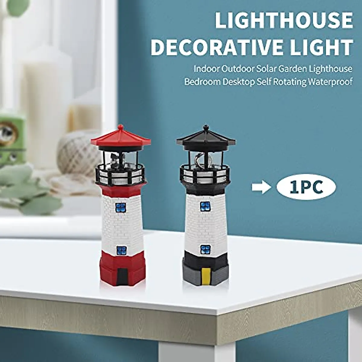 NINEFOX Solar Lighthouse Outdoor Solar Rotating LED Lighthouse Light Waterproof Lighthouse Statue Decorative LED Rotating Lamp for Garden Landscape Outside Yard(Black)