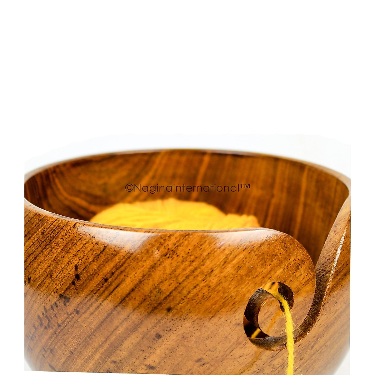 Nagina International Dark Rich Deep Wood Crafted Premium Polished Yarn Storage Bowl with Spiral Yarn Dispenser