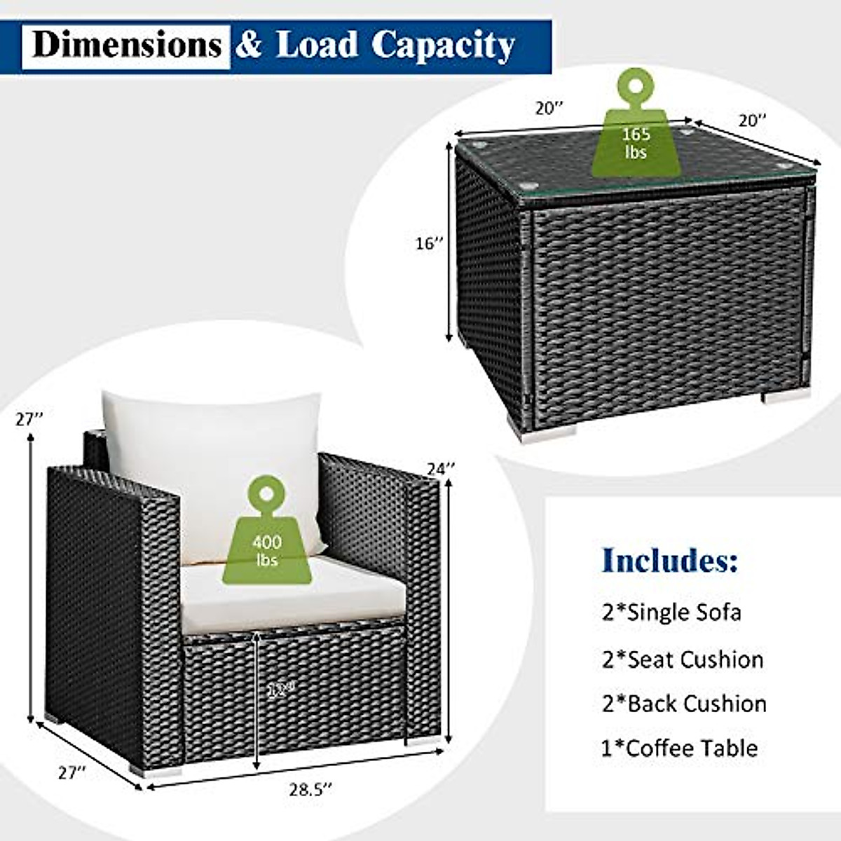 Tangkula 3 Pieces Patio Furniture Set, PE Rattan Wicker Sofa Set w/Washable Cushion and Tempered Glass Tabletop, Outdoor Conversation Furniture for Garden Poolside