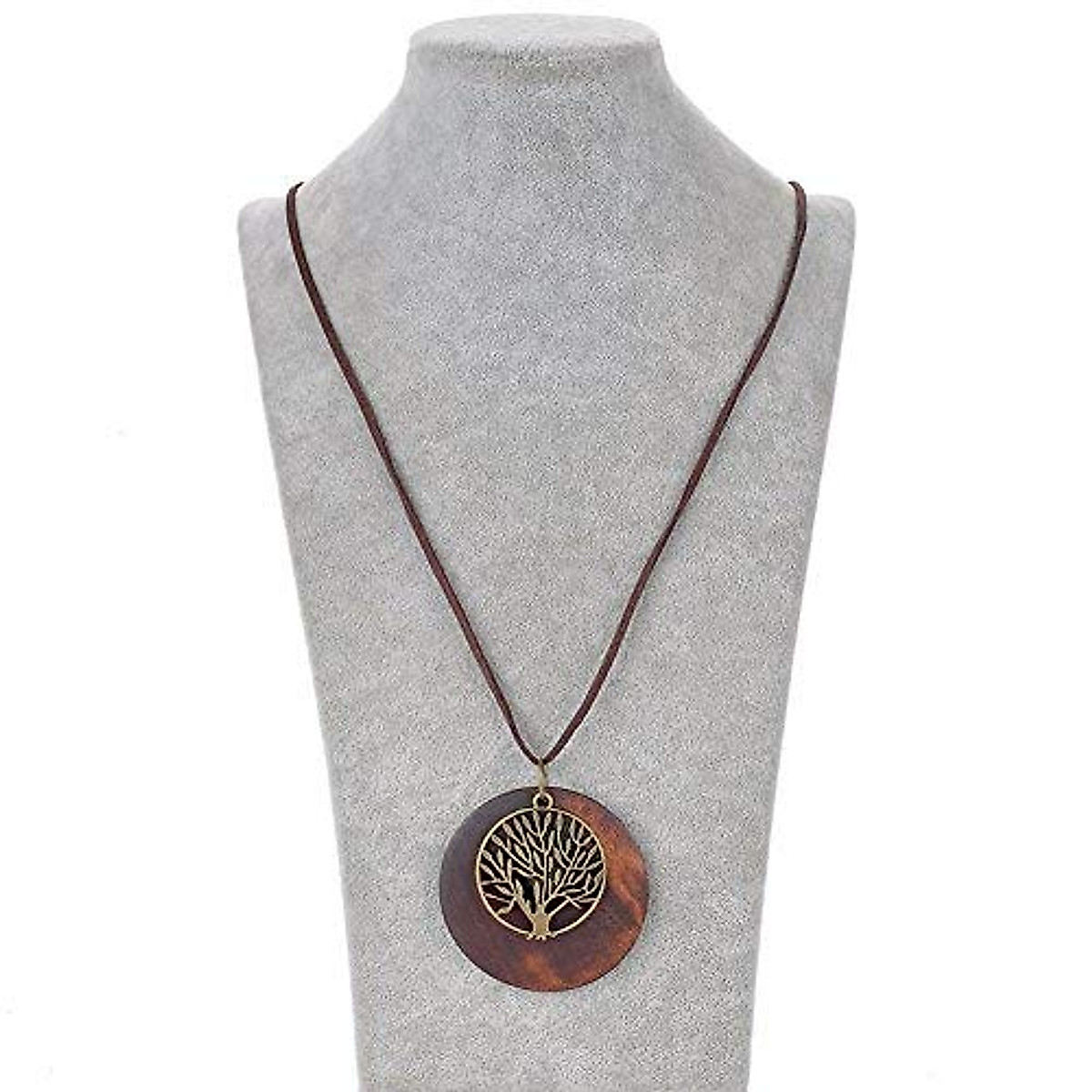 SIVITE Vintage Bronze Tree of Life with Wood Pendant Necklace Long Leather Chain Wooden Necklace for Women