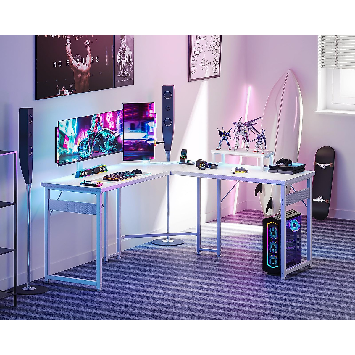 Casaottima L Shaped Gaming Desk, Corner Desk Gaming Table with Monitor Stand for Home Office, Computer Desk for Small Space, White