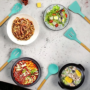 33 pieces.” Kitchen Utensils Set for cooking. Comes with 5 kitchen cleaning cloths, Utensil set with holder, spatula, so gadgets, silicone kitchen utensils wood handle.