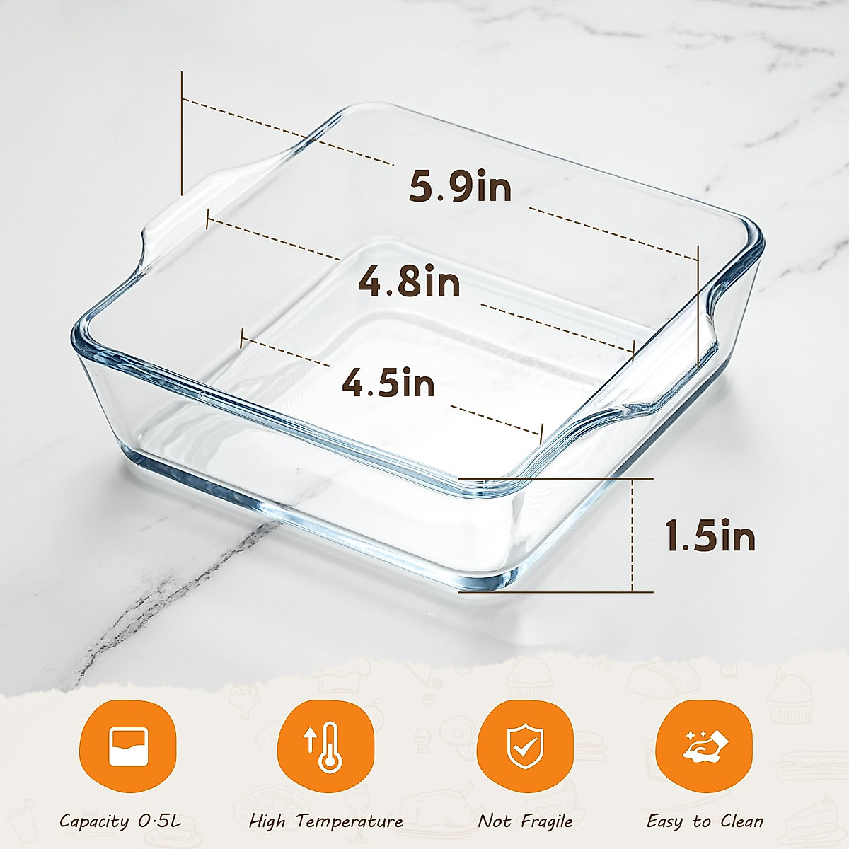 5x5 Small Baking Dish, 2pcs Small Baking Dishes for Oven Air Fryer Safe, 5 Inch Square Glass Small Baking Dish, Mini Casserole Dish with Handle