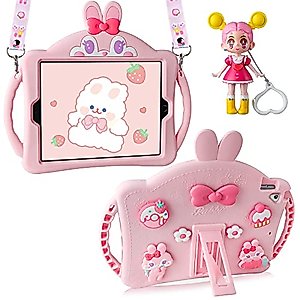 VOFUOE for iPad 6th 5th Generation Case, iPad 9.7 Case 2018 2017 with Dolls Shoulder Straps, Cute Rabbit Soft Silicone Tablet Cases Kids Girls for iPad Pro 2016/iPad Air 2th, iPad 6th/5th 9.7''-Pink