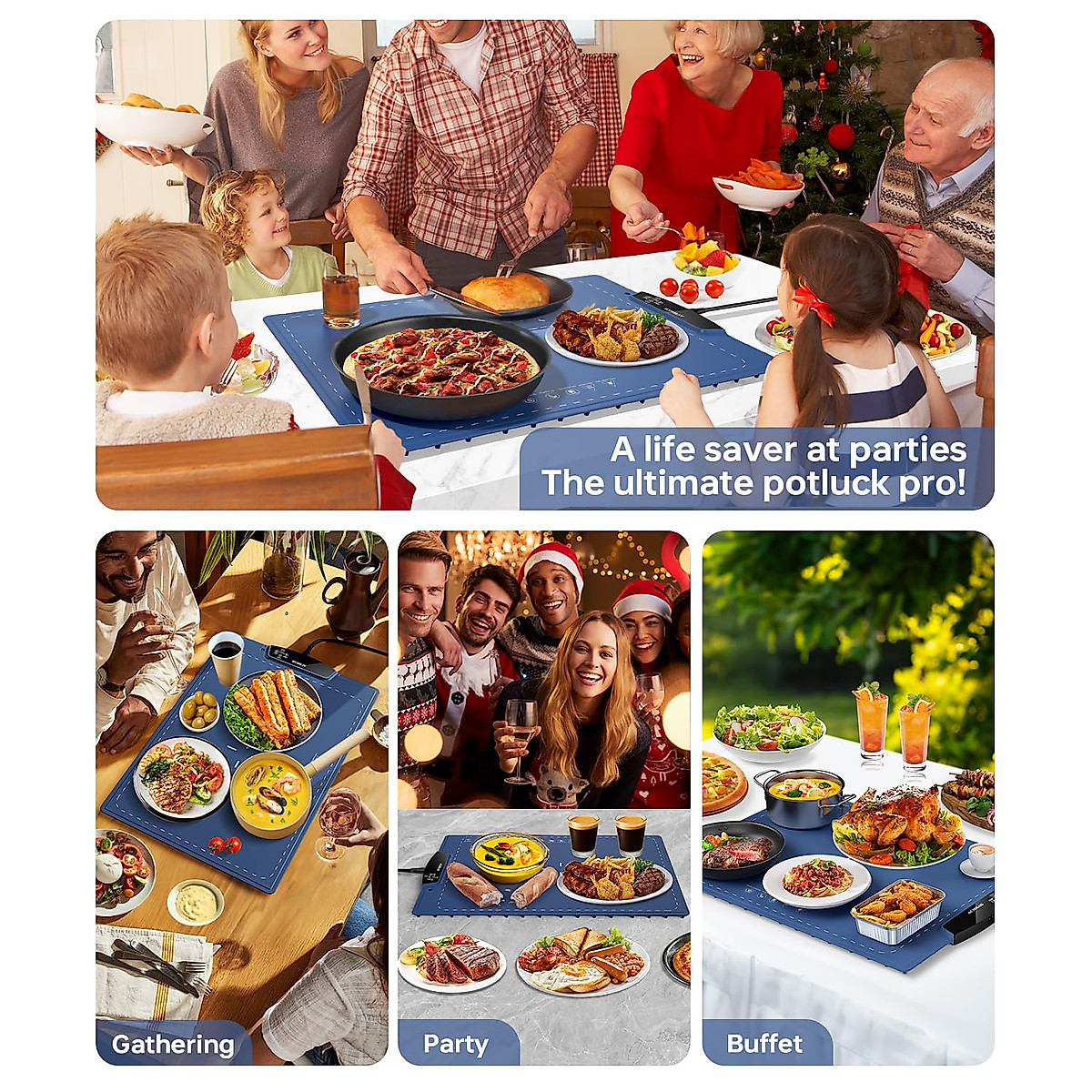 Food Warming Tray, Electric Food Warming Mats with 9 Temperature & 11 Timer Settings, Auto Shut-Off, Rollable Silicone Food Warmer for Buffets, Parties, Gatherings, Christmas, Everyday Use, Navy Blue