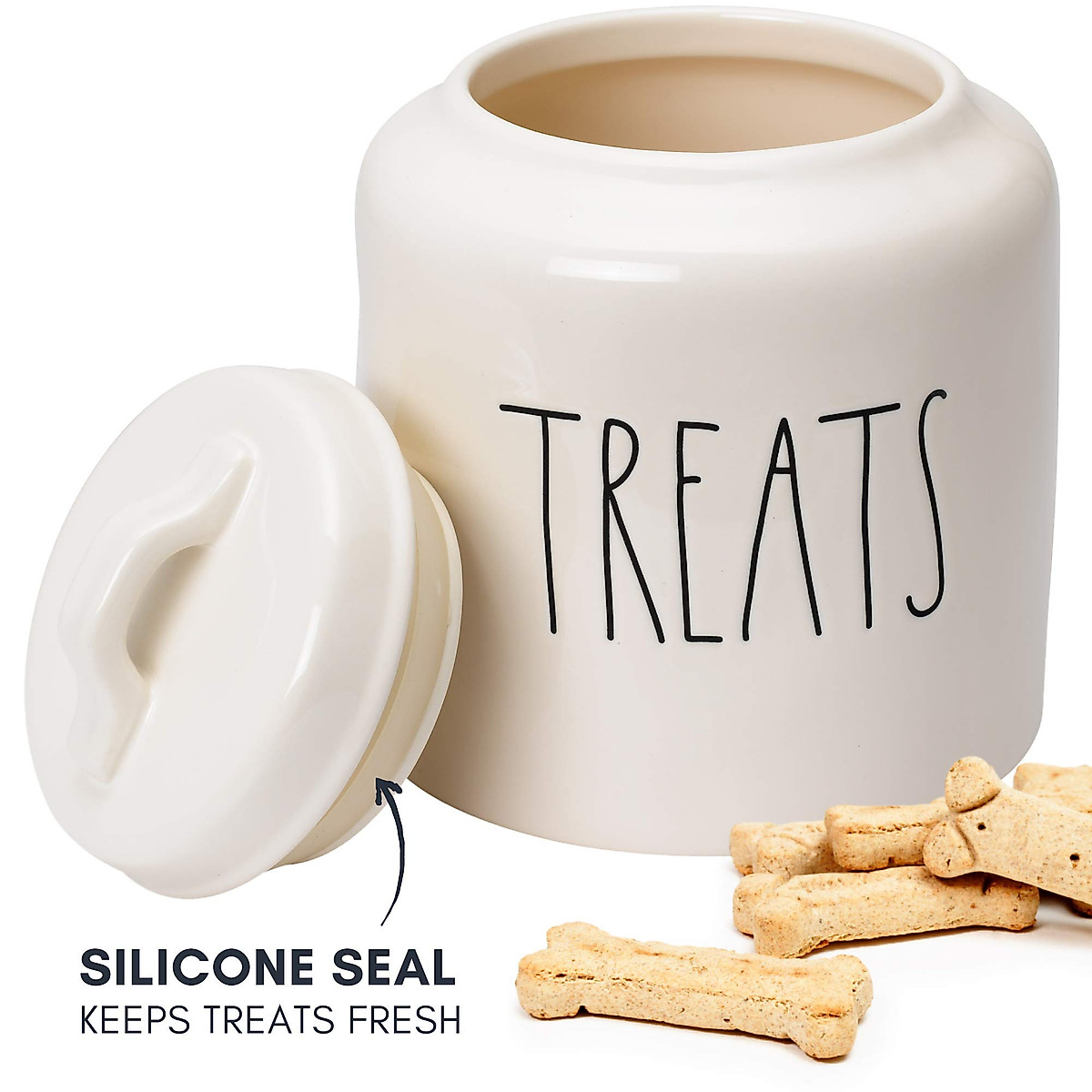 Rae Dunn Ceramic Cookie Jar, Dog Biscuit Kitchen Canister with Lid, Hand-Lettered “Treats” Snack Jar