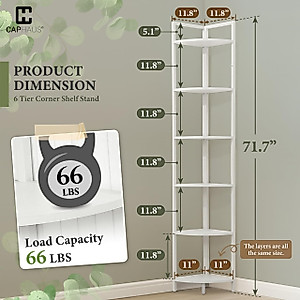 CAPHAUS 6 Tier Corner Shelf, 71.1-Inch Tall Corner Bookshelf, Corner Display Rack with Metal Frame, Round Corner Shelf Unit Rack, Tall Corner Stand for Bathroom, Living Room, Home, Office, White