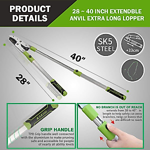 KSEIBI 252606 Anvil Lopper with Telescoping Aluminium Light-weight Handle, Tree Trimmer, Branch Cutter, Loppers, Pruning Shears, Garden Pruners Up to 2 Inch Cutting Capacity, 28 ~ 40 Inch