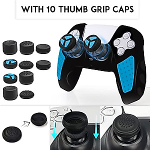 SIKEMAY PS5 Controller Cover Skin, Anti-Slip Thicken Silicone Protective Cover Case Perfectly Compatible with Playstation 5 Controller Grip with 10 x Thumb Grip Caps (Black-Blue)