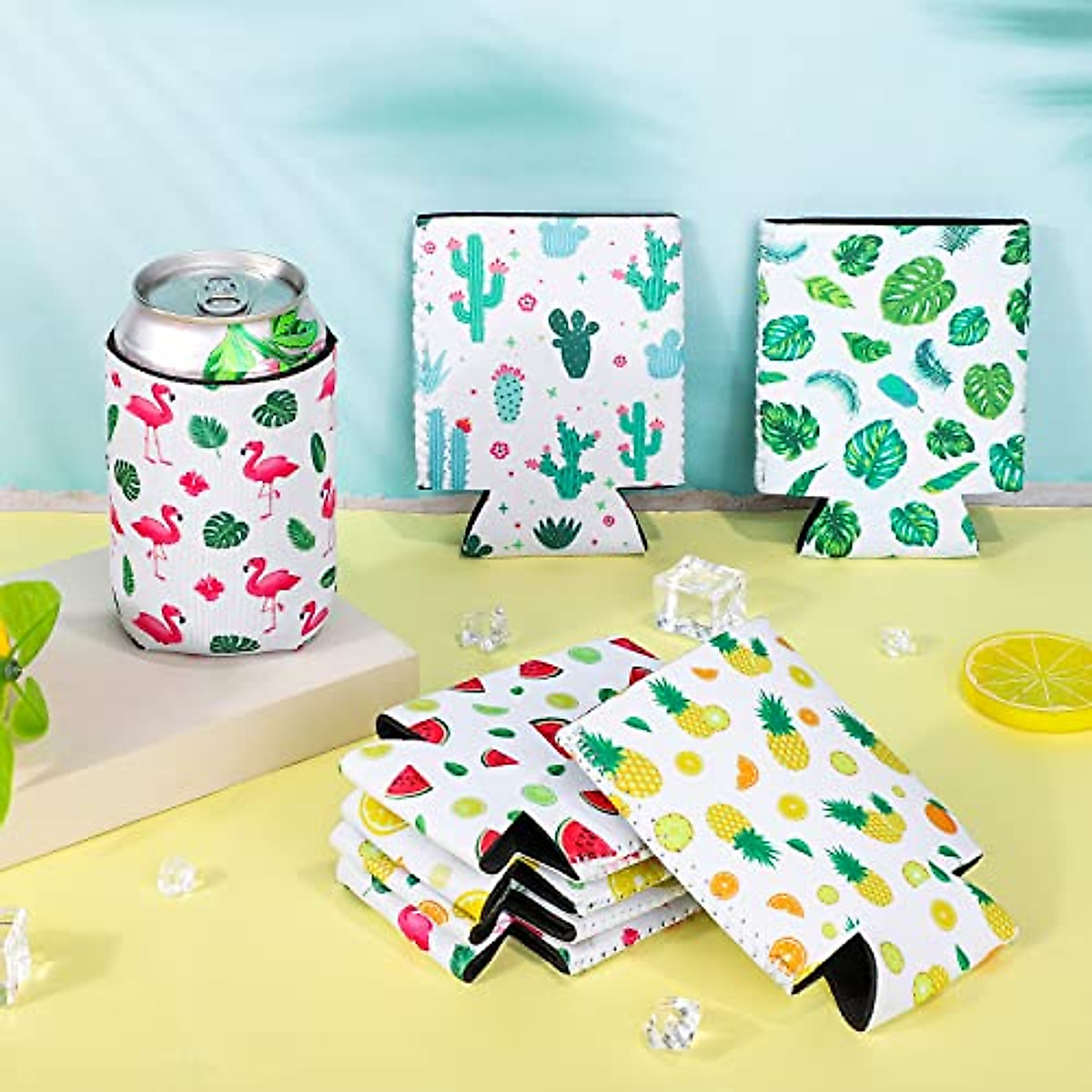 ADXCO 12 Pieces Can Cooler Sleeves Neoprene Thick Can Sleeves Soda Beverage Can Cover Beer Cooler Bag for Tropical Summer Beach Parties, Picnics, BBQs (5.1 x 3.9 Inch)