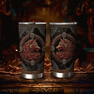 20oz Viking Celtic Fire Wolf Tumbler, Norse Mythology, Viking Gifts for Men, Coffee Thermos for Men, Stainless Steel Double Wall Vacuum Insulated Coffee Mug, Travel Cup with Lid