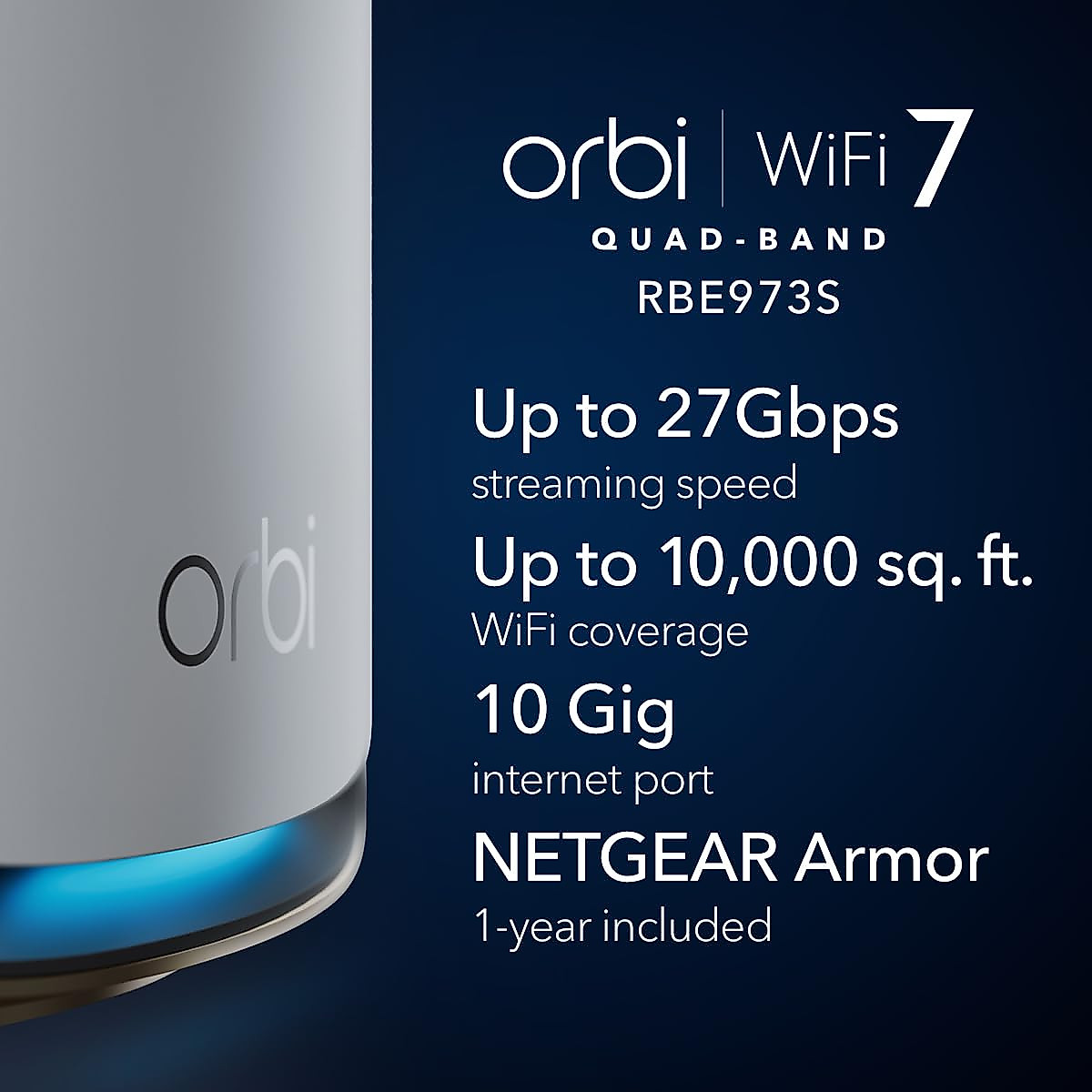 NETGEAR Orbi 970 Series Quad-Band WiFi 7 Mesh Network System (RBE973S), Router + 2 Satellite Extenders, Covers Up to 10,000 sq. ft., 200 Devices, 10 Gig Internet Port, BE27000 802.11be (Up to 27Gbps)