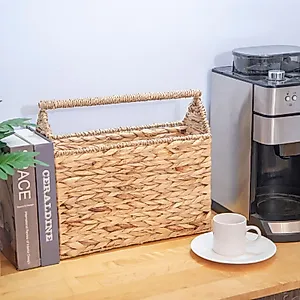 JJSQ Water Hyacinth Storage Basket for Magazine, Rattan Magazine Holder Floor Selfstand, Wicker Basket with Handle for files & Newspaper, Natural 15" x 5.5" x 12.4"