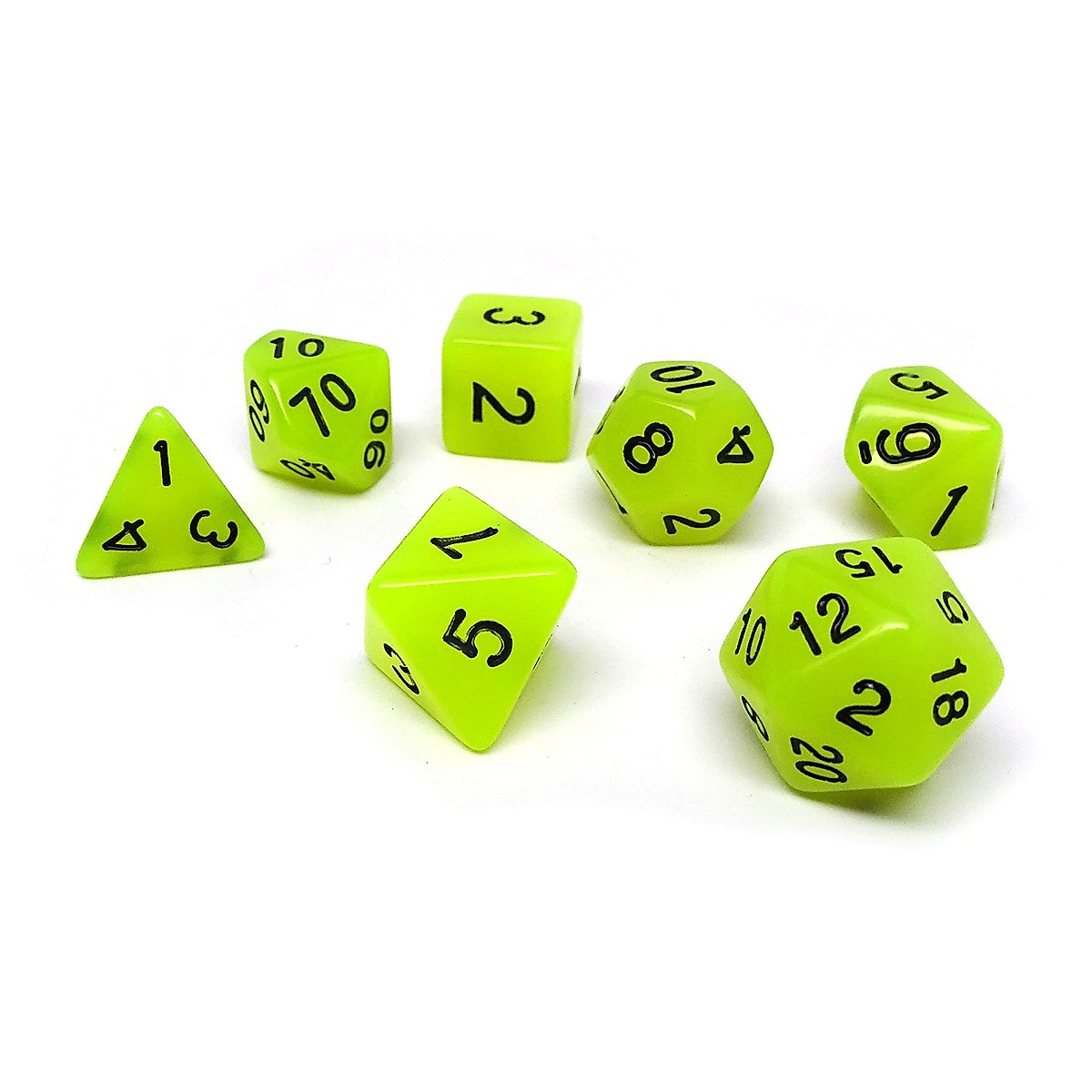 Glow in The Dark Polyhedral Dice Set - 7 Piece Dice Set with One D20, D12, D10, D8, D6, D4, and D00 (Yellow with Black Font)