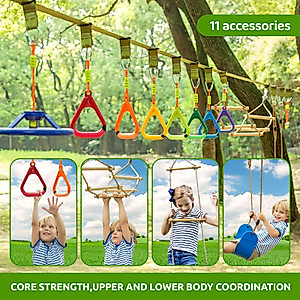 HAPPYPIE Ninja Warrior Obstacle Course Training Equipment for Kids, 46 FT Slackline with 11 Obstacles, Gymnastics Set Including Monkey Bars Zipline Swing Ninja Slackline for Backyard Boys Girls Age 6+