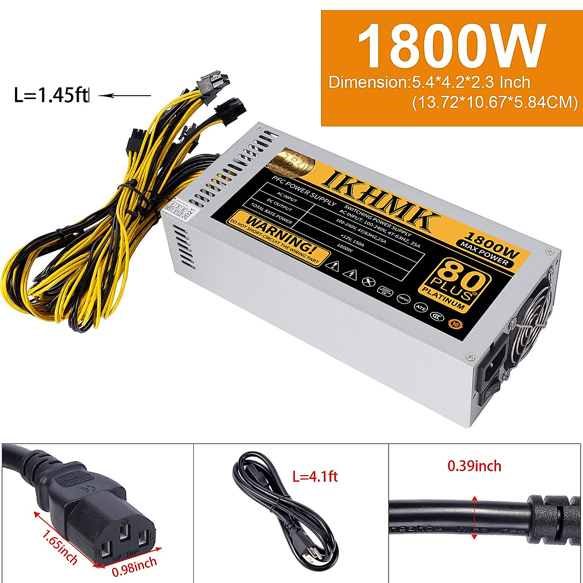 IKHMK 1800W Mining Power Supply, Mining PSU for BTC Miner Machine 100V-240V PSU with 15000 RPM Fan and Power Cable