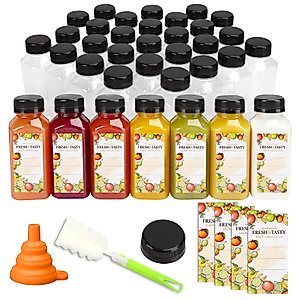 TOMNK 35pcs 8oz Plastic Juice Bottles with Caps, Reusable Clear Bottles with Label, Funnel and Brush Beverage Containers Bulk with Lids for Juicing, Smoothies, Drinking