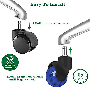 Office Chair Wheels Replacement 2 Inch Rubber Ball Caster Wheels for Wood Floor Carpet Mats, Set of 5, Heavy Duty Desk & Gaming Chair Casters 7/16" (11mm) Grip Ring Stem, Quiet Smooth Rolling (Blue)