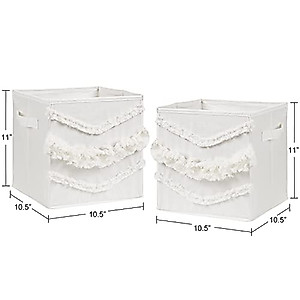 Sweet Jojo Designs Ivory Boho Bohemian Foldable Fabric Storage Cube Bins Boxes Organizer Toys Kids Baby Childrens - Set of 2 - Neutral Off White Farmhouse Chic Unisex Minimalist Fringe Macrame