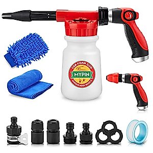 Car Wash Foam Gun, 16 IN 1 Foam Cannon, Adjustable Hose Wash Sprayer with 2.5-6 Ratio Dial Foam Blaster, 1L Bottle, Nozzles, Wash Mitten, 1/2” Quick Connector for Garden Hose, for Car/Garden Cleaning