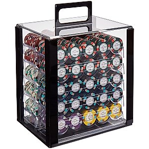 Monaco Club Poker Chip Set - 1000 Heavyweight (13.5-Gram) Clay Composite Chips with Numbers, 10 Acrylic Trays & Carrying Case - Professional Casino Supplies, Kits, Holders, & Storage Container