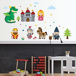 Maydahui Princess Knight Wall Stickers Castle King Cartoon Dragon Wall Decal (22 x24 Inch) for Kids Room Nursery Living Room