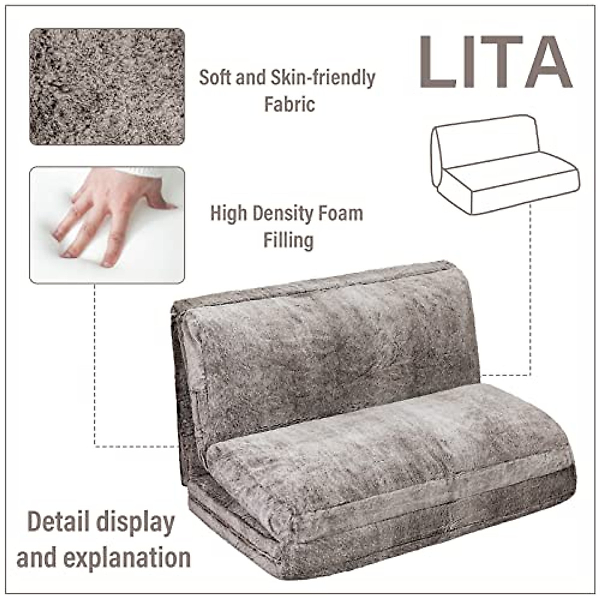 LITA Folding Mattress Sofa, Foldable Double Sofa Bed Foam Filling Convertible Sleeper Sofa Bed Modern Soft Faux Fur Wall Sofa Bed with Removable Cover for Living Room/Apartment/Dorm, Coffee