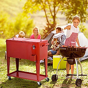 ReunionG 80-Quart Rolling Cooler Cart w/Bottle Opener and Catch Tray for Party Steel Bar Bistro- Red