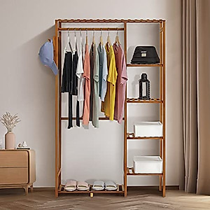 MoNiBloom Bamboo Garment Rack with Shelves 6 Tier Closet Coat Storage Organizer Clothes Hanging Rack with Pants Rack & Hooks for Bedroom, Living room, Office, Mudroom, Brown