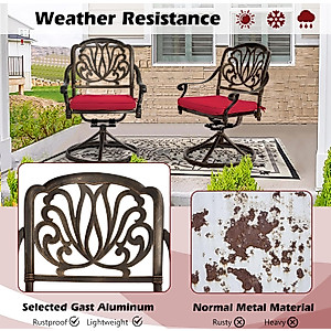 MAIBH Outdoor 5 Piece Cast Aluminum Bistro Set, Patio Table and Swivel Rocker Chairs Set of 4, Metal Patio Furniture Set with Umbrella Hole (35.4''Dia x 29.5''H, Lotus Pattern B) (Red)