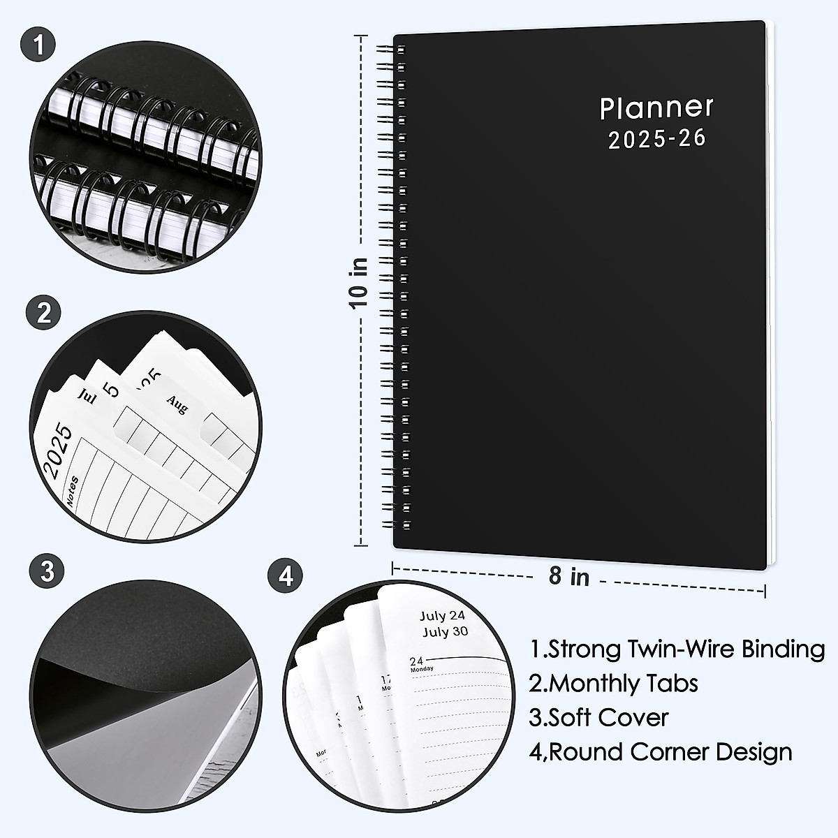 Planner 2023-2024 - Weekly and Monthly Planner, July 2023 - June 2024, 8'' x 10'', 2023-2024 Academic Planner with Monthly Tabs, Twin-Wire Binding, Thick Paper, Flexible Cover - Classic Black